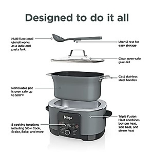 Ninja MC1001C Foodi PossibleCooker PRO 8.5 Quart Multi-Cooker, with 8-in-1 Slow Cooker,Dutch Oven,Steamer &More,Glass Lid & Integrated Spoon,Nonstick,Oven Safe Pot to 500°F,Sea Salt Gray,Sea Salt Grey