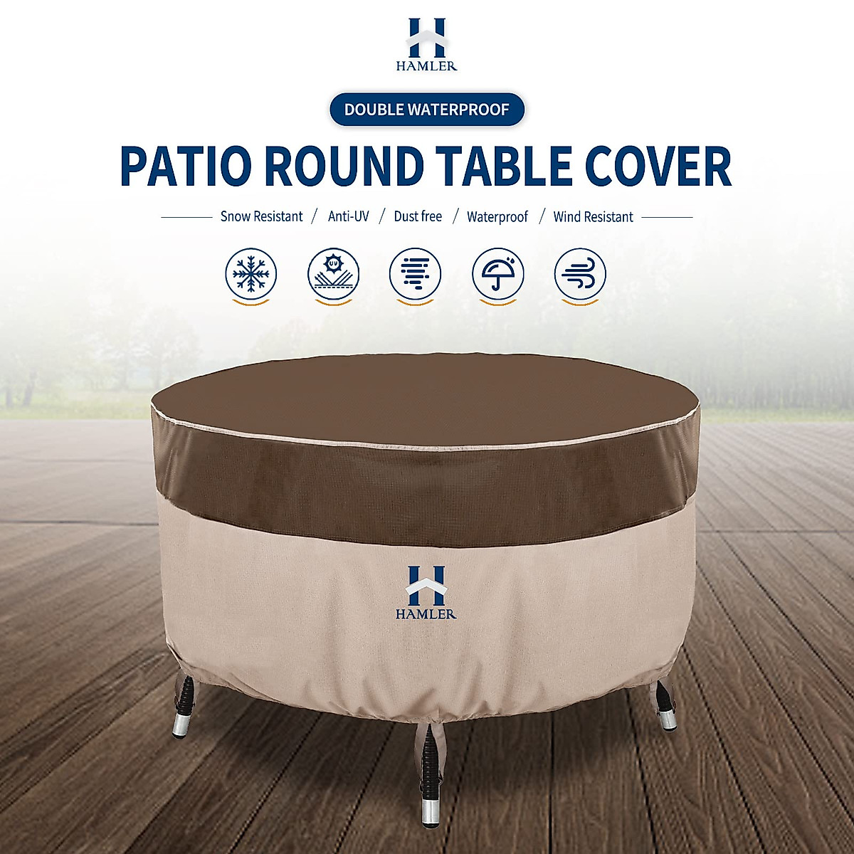 HAMLER Round Outdoor Table Cover, Heavy Duty Outdoor Table Chair Set Covers with Air Vents and Handles, Patio Table Cover Fits up to 110" D x 27.5" H, Brown & Beige