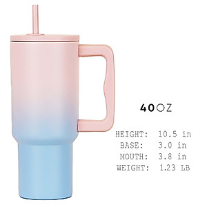 HIZEE 40 oz Tumbler with Handle and Straw,Reusable Stainless Steel Water Bottle Travel Mug Cupholder Friendly,Keeps Cold for 34 Hours, Gifts for Women Men Him Her(pink blue)