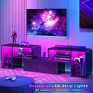 Rolanstar TV Stand, Deformable TV Stand with LED Strip & Power Outlets, Modern Entertainment Center for 45/50/55/60/65/70 inch tvs, 3 Pieces TV Stand with Open Storage and 2 Storage Cabinet, Black