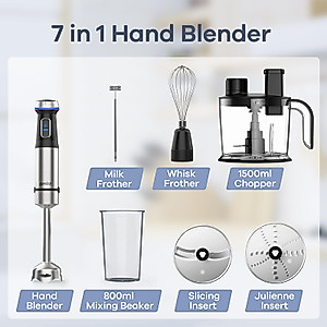 Ganiza Immersion Blender 7 in 1 Hand Blender 800W Heavy Duty Motor, 15 Speed and Turbo Mode Handheld Blender Stainless Steel Sitck Blender With 1500ml Food Processor and Other 6 Pieces