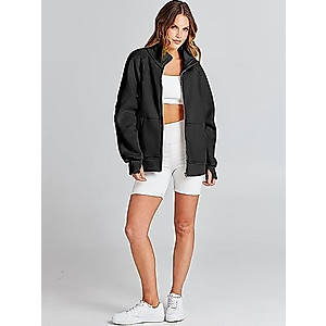 Caracilia Women's Oversized Sweatshirts Long Sleeve Zip Up Y2K Trendy Fashion Sweatshirt Jackets Pullovers Active Comfy Cute Clothes With Thumb Hole C112A0-heise-S Black