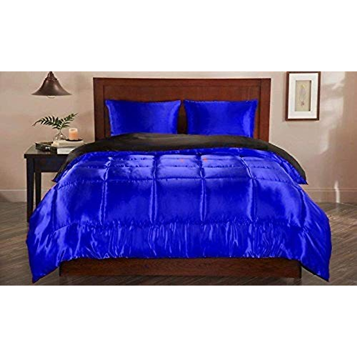 Cotton Home Depot 3 Pcs Silk Comforter Queen Bedding Set Royal Blue Satin Silky Soft Bed in A Bag Luxury Quilt Comforter Set (1 Comforter, 2 Pillowcases)