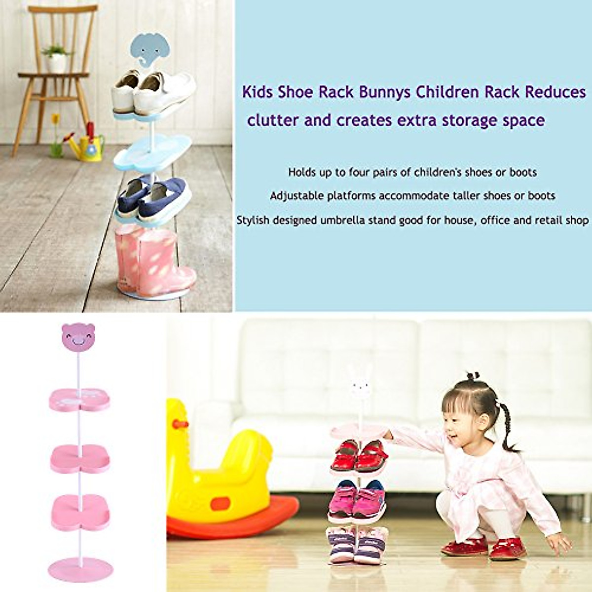 4 Tier Cute Shoe Rack for Kid's Shoes, 26.4inch, Baby Shoe Rack, Save Home Space, Storage Organizer Boys Girls, Cute Shapes of Rabbit/Panda, Solid and Durable(Rabbit)