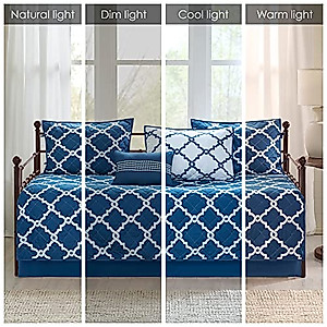 Madison Park Essentials Merritt Reversible Daybed Cover-Fretwork Print, Diamond Quilting All Season Cozy Bedding with Bedskirt, Matching Shams, Decorative Pillow, 75"x39", Navy 6 Piece