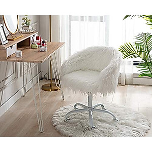 Cute Fluffy Desk Chair Rolling Vanity Chair with Back Faux Fur Home Office Chair with Wheels Adjustable Height Armchair for Teens Adults Study Room Bedroom, White