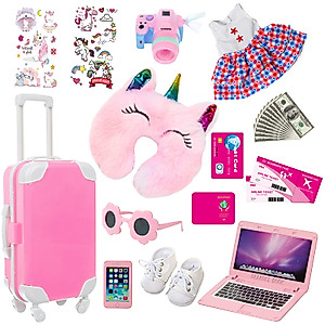 ZQDOLL American 18 inch Doll Clothes and Accessories - Doll Travel Suitcase Play Set Including Suitcase Doll Clothes, Shoes, Sunglasses, Camera, Unicorn Pillow, for 18 inch Doll(No Doll)