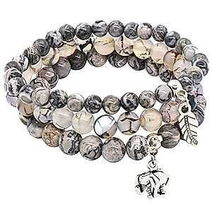 C&L Accessories Chakra Beaded Bracelets For Women Men Teens 3 Pcs Healing Bracelets Natural Gemstone Bead Ball Stretchable Bracelet Set with Elephant Leaf Pendant Charm (Gray/Dragon Vein)