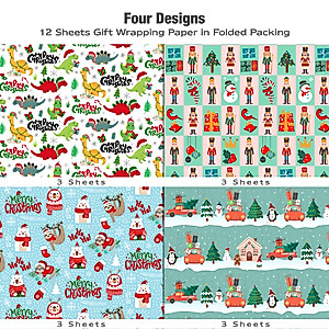 MotiGiftie Christmas Wrapping Paper for Kids Boys Girls, 12 Sheets Xmas Gift Wrapping Paper Dinosaurs, Sloth, Polar Bear, Penguin, Nutcracker, Red Truck Designs Gift Wrap 20 x 28 Inches