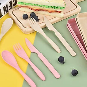 Reusable Travel Utensils Set with Case, 4 Sets Wheat Straw Portable Knife Fork Spoons Tableware, Eco-Friendly Cutlery for Kids Adults Travel Picnic Camping or Daily Use (Green, Beige, Pink, Blue)