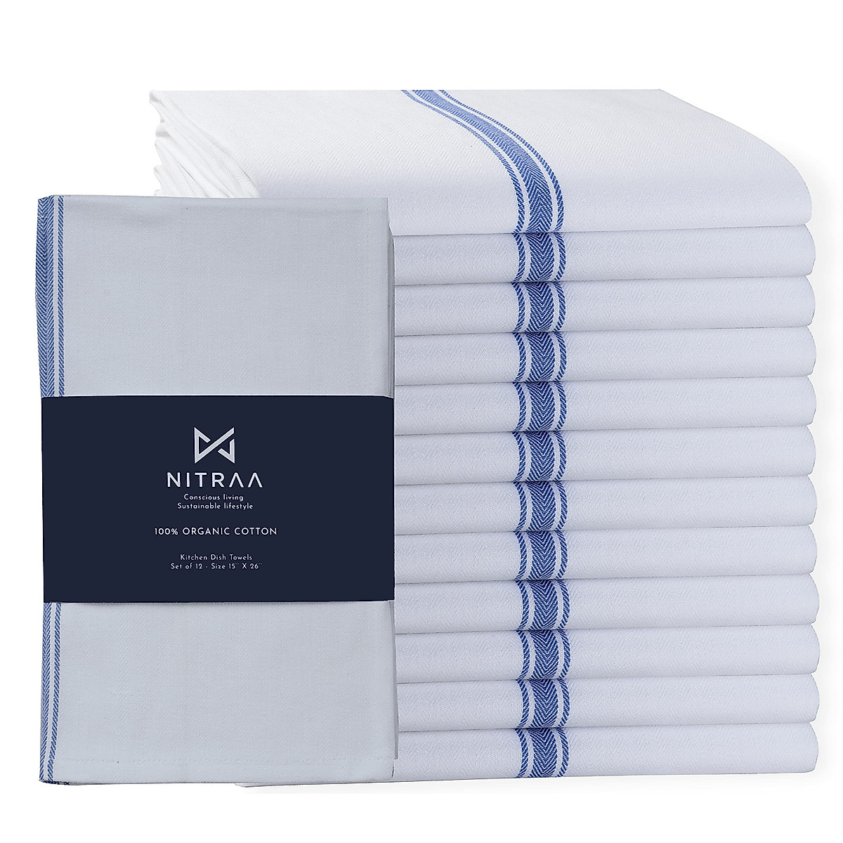 NITRAA Kitchen Towels with Herringbone Weave and Center Stripe - 100% Organic Ring Spun Cotton - Reusable Dish Towels - Highly Absorbent and Lint Free - OEKO-TEX Certified -15”x 26” - Set of 12 (Blue)