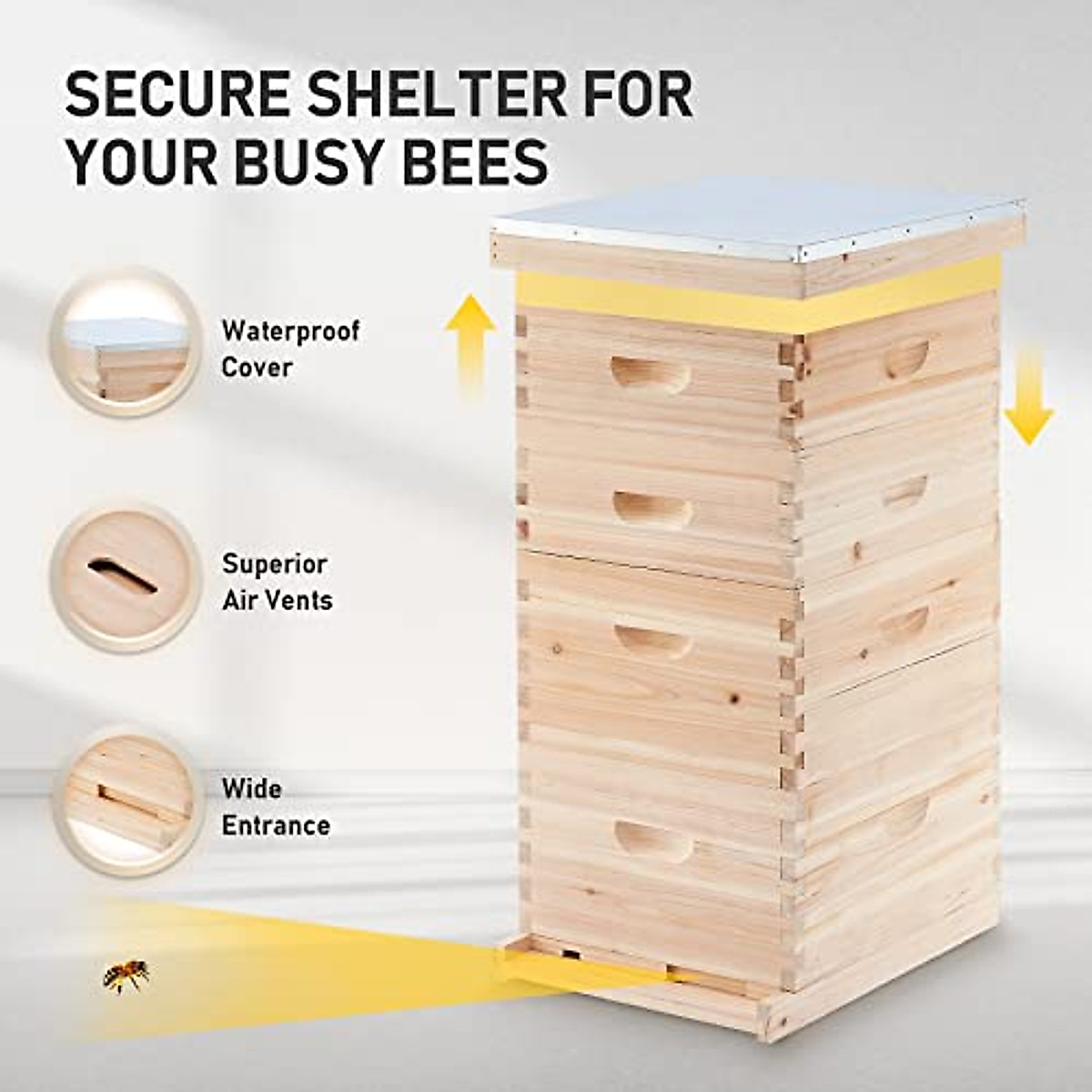 CREWORKS Bee Hive Boxes Starter Kit, Langstroth Beehive for Bee Keeping, 4 Layer Bee House with 20 Medium and 20 Deep Frames & Foundations, Beekeeping Supplies with Plastic Queen Excluder and Nails