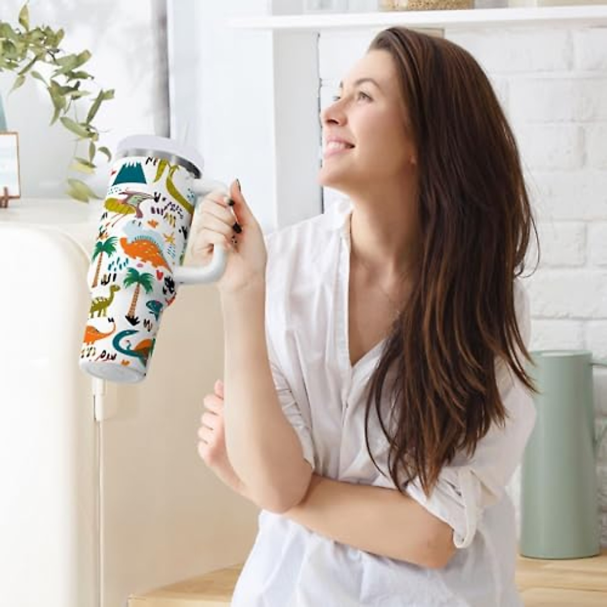 RPLIFE Cute Colorful Dinosaurs 40oz Tumbler with Handle, Stainless Steel Tumbler with Straw, Coffee Tumbler for Women