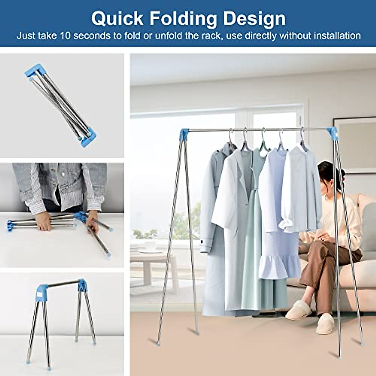 Fragraty Portable Clothes Rack, 15-35in Stainless Steel Foldable Garment Rack Collapsible Small Folding Clothing Rack + 10 Mini Clothes Hangers for Dance,Travel,Camping, Drying,RV, Indoor, Outdoor
