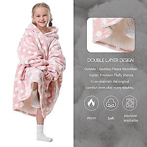 Aemicion Kids Blanket Hoodie,Oversized Wearable Blanket,Cozy Sherpa Sweatshirt Blanket,Gifts for Kids-Pink Polka Dot
