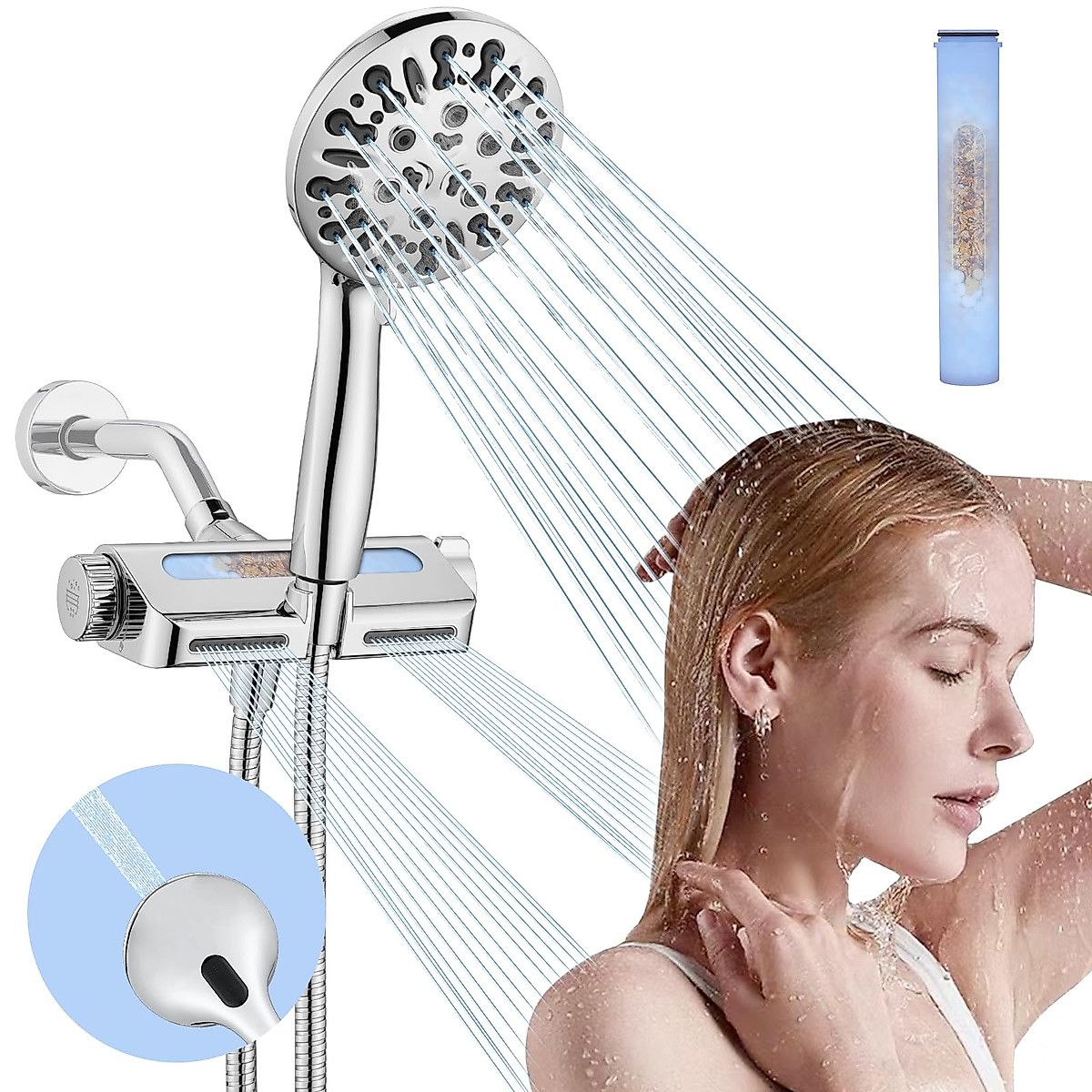 HEROBAI Filtered Shower Head with Handheld Combo, Hard Water Filter Shower Head with 9 Shower Modes, Dual Shower Heads High Pressure, Shower Filters to Remove Chlorine and Fluoride (Chrome)