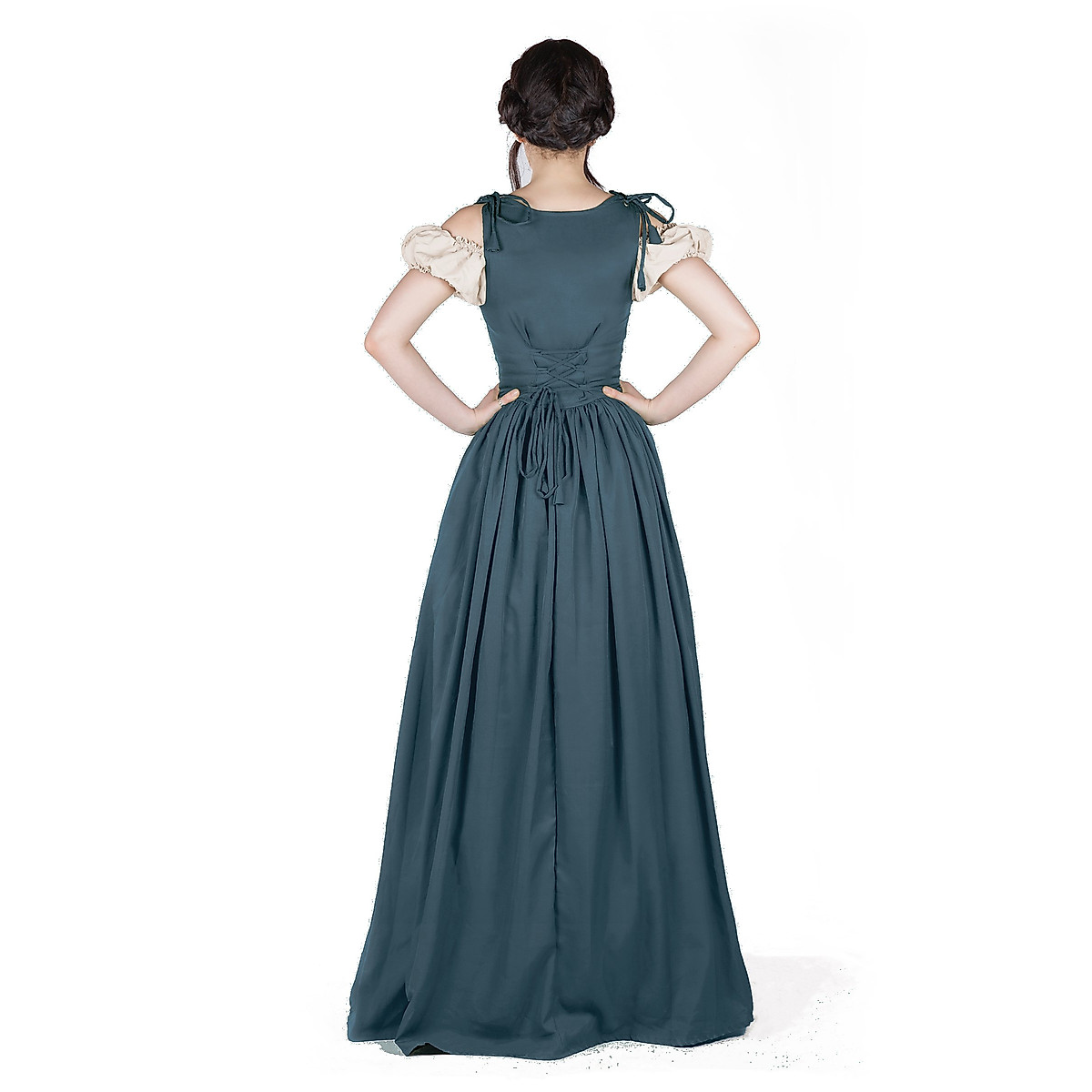 Reminisce renaissance women dress medieval Irish Costume Chemise and Over Dress (L/XL, Steel Blue)