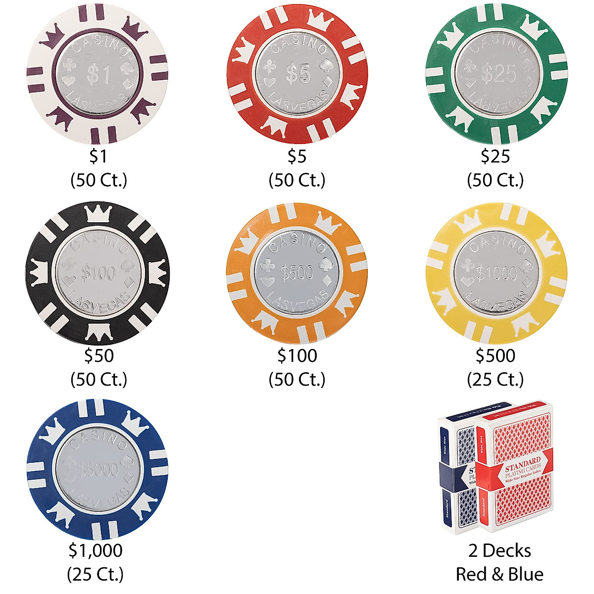 Coin Inlay Poker Chip Set in Wooden Carousel Carry Case - Casino 15-Gram Quality Chips with Silver Metal Inserts - Convenient Rotating Tray Includes Playing Card Decks - Chip Protection (300 ct.)