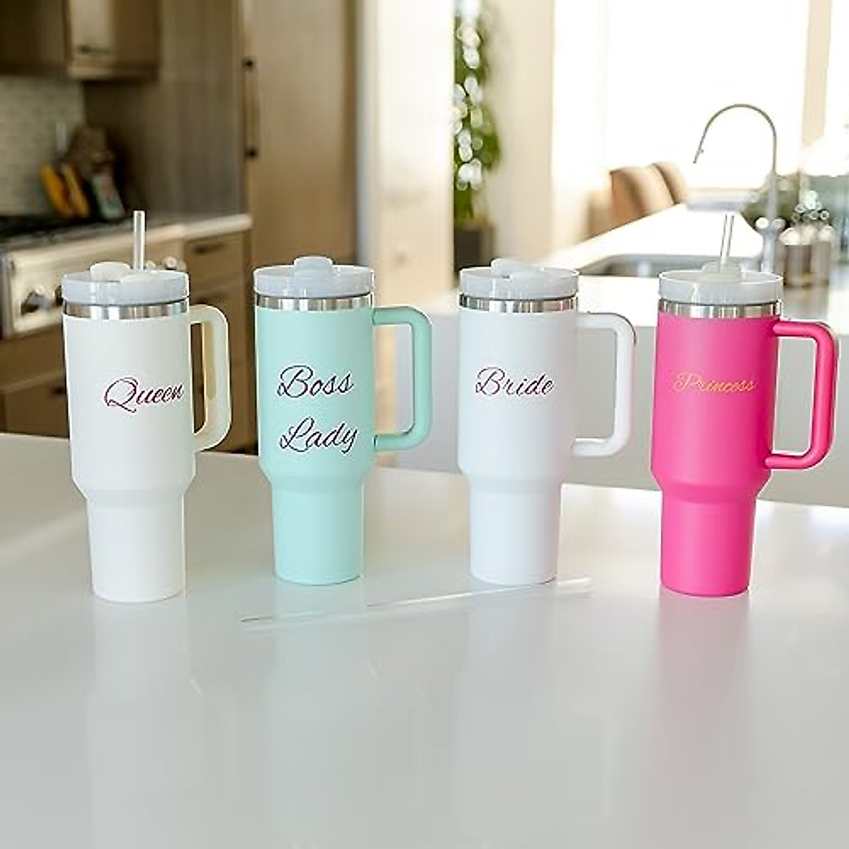 Princess 40 Oz Tumbler with Handle and Straw - Insulated Stainless Steel Water Bottle Fits in Car Cup Holder - Double Walled Water Bottles with Lid - Princess Gifts - Gifts for Girls