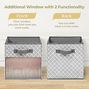 11x11 Large Storage Bins with Clear Window, Set of 6 Storage Cubes, Collapsible Cube Storage Bins, Fabric Closet Organizers with Handles for Home, Office, Closet Shelf Cabinet, Bookcase, Lattice