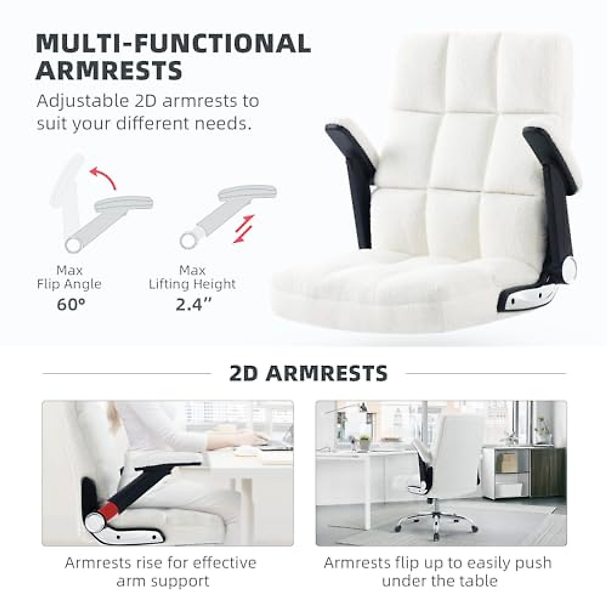 YAMASORO High Back Ergonomic Office Chair,Modern Computer Desk Chairs with Flip-up Armrests, Faux Fur Executive Swivel Rolling Chair (White)