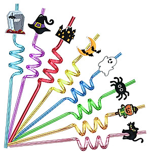 TUWUNA Halloween Party Favors 24Pcs Pumpkin Ghost Spider Bat Cat Halloween Theme Straws for Kids Halloween Party Supplies Decorations with 2 Cleaning Brushes