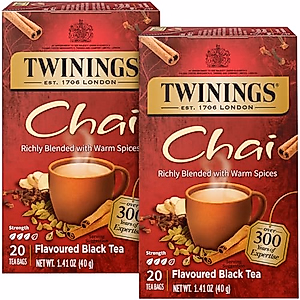Twinings Chai Tea, Caffeinated Black Tea Naturally Flavored with Aromatic Spices and Ginger, Tea Bags Individually Wrapped, 20 Count Ea (Pack of 2)