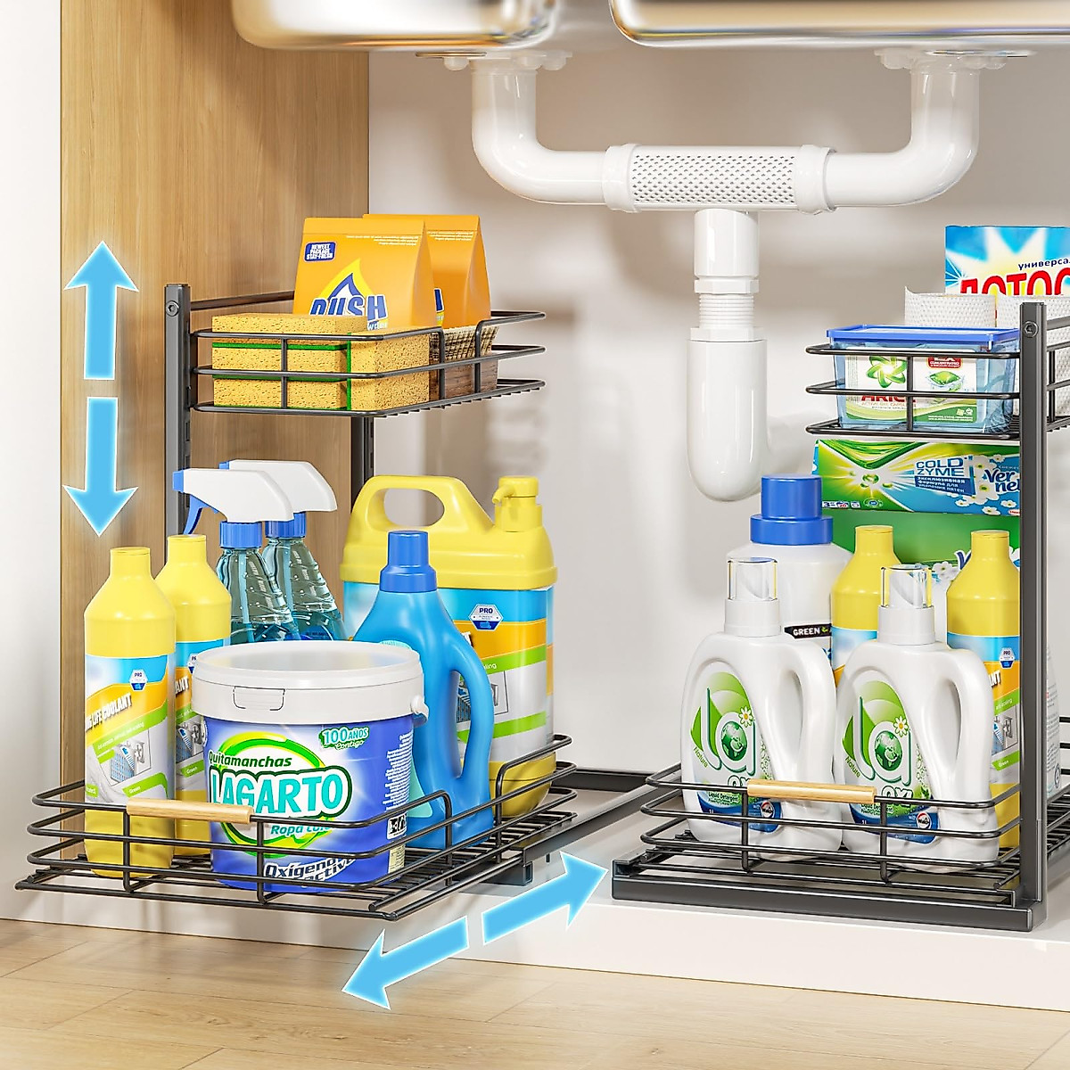 Delamu Under Sink Organizers and Storage, 2 Pack Under Kitchen Sink Organizer, Height Adjustable Bathroom Cabinet Organizer, Pull out Under Cabinet Organizer and Storage, Black