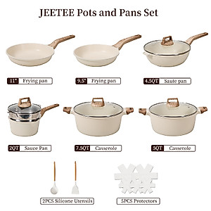 JEETEE 18 Pcs Pots and Pans Set, Pot Sets for Cooking Nonstick, Healthy kitchen Cookware Sets, PFAS and PFOA Free (Beige)