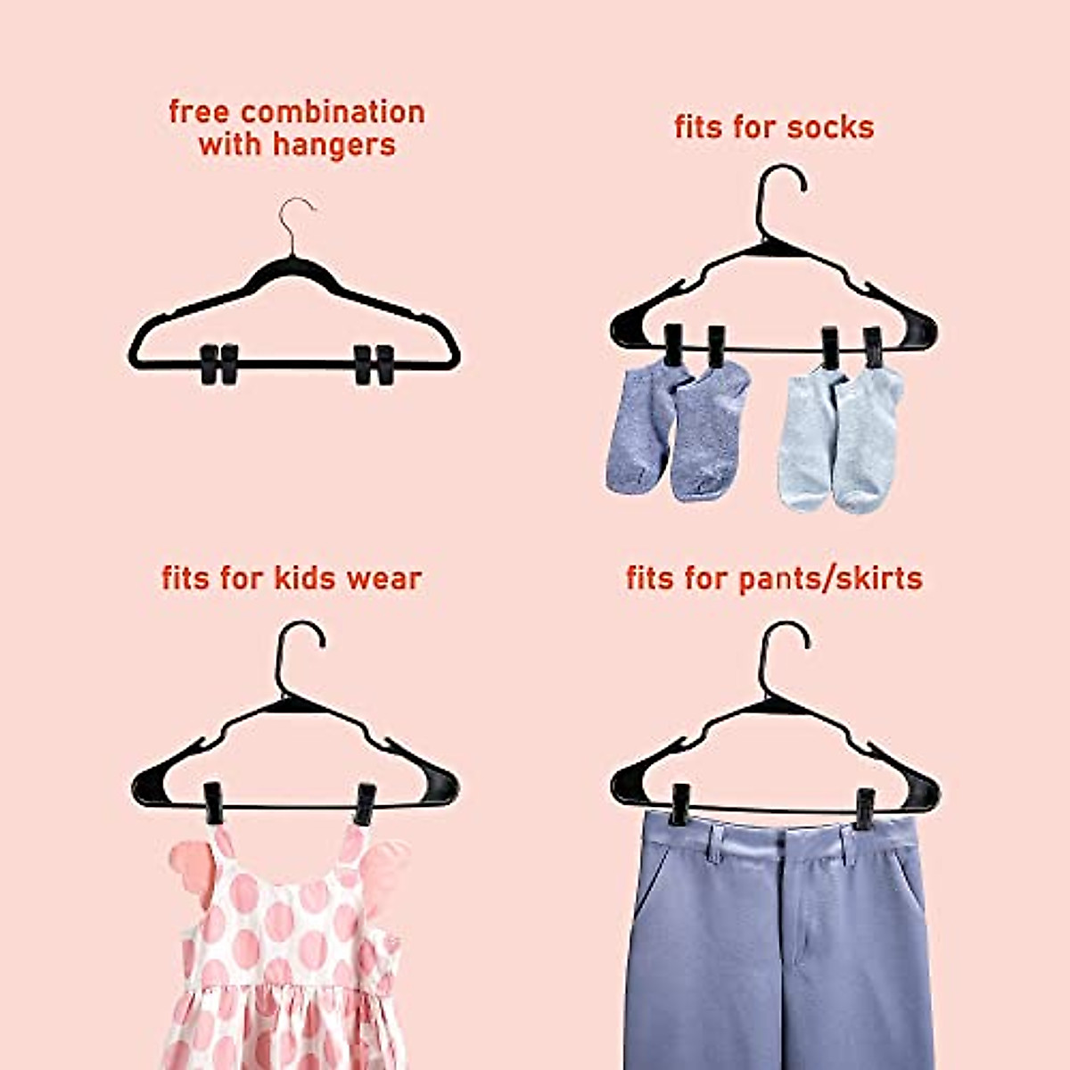 HOUSE DAY Plastic Hanger Clips, Strong Pinch Grip Clips for Use with Slim-line Clothes Hangers, Finger Clips (100Pcs Black)