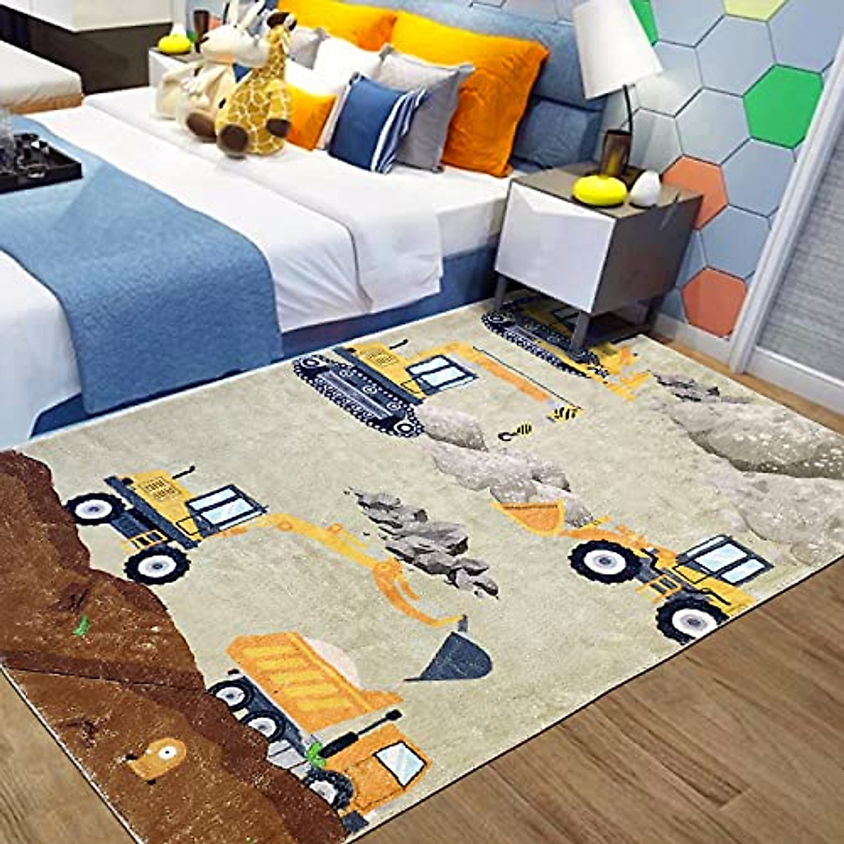 USTIDE Thick Kids Rug Play Mat 4'x6',Cartoon Construction Area Rug Excavator Digger Kids Carpet Boys Girls Bedroom Rugs Floor Carpet Playroom Rug Nonslip Crawling Mat Plush Nursery Rug