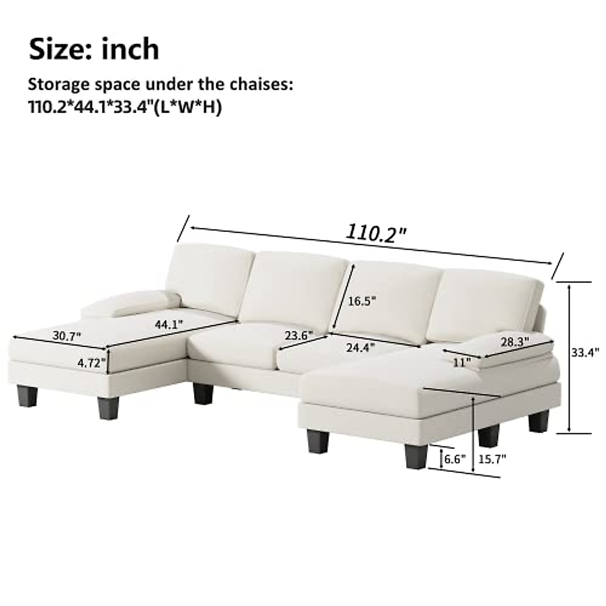 Flamaker Convertible Sectional Sofa Couch, Modern Fabric U-Shaped Living Room Furniture Set, 4-Seat Sectional Sleeper Sofa with Double Chaise & Memory Foam (White)