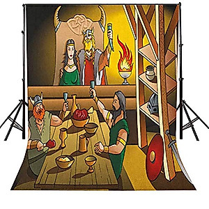 5x7 FT Cartoon Vinyl Photography Backdrop,King and Queen Feasting with Brave Warriors Ancient Scandinavia Medieval Historical Background for Baby Birthday Party Wedding Graduation Home Decoration