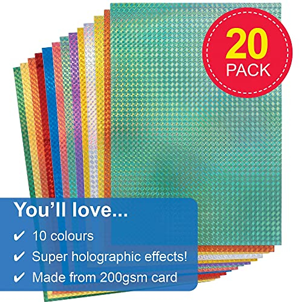 Baker Ross Holographic Card Pack - Pack of 20, Metallic Card, Craft Supplies for Kids, Ideal for Craft Activities and Decoration Making (FE813)