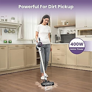 Cordless Vacuum Cleaner for Home | 400W Powerful Stick Vacuum | Long Runtime Detachable Battery | LED Display | Deep Clean for Hard Floor Carpet (White-Purple)