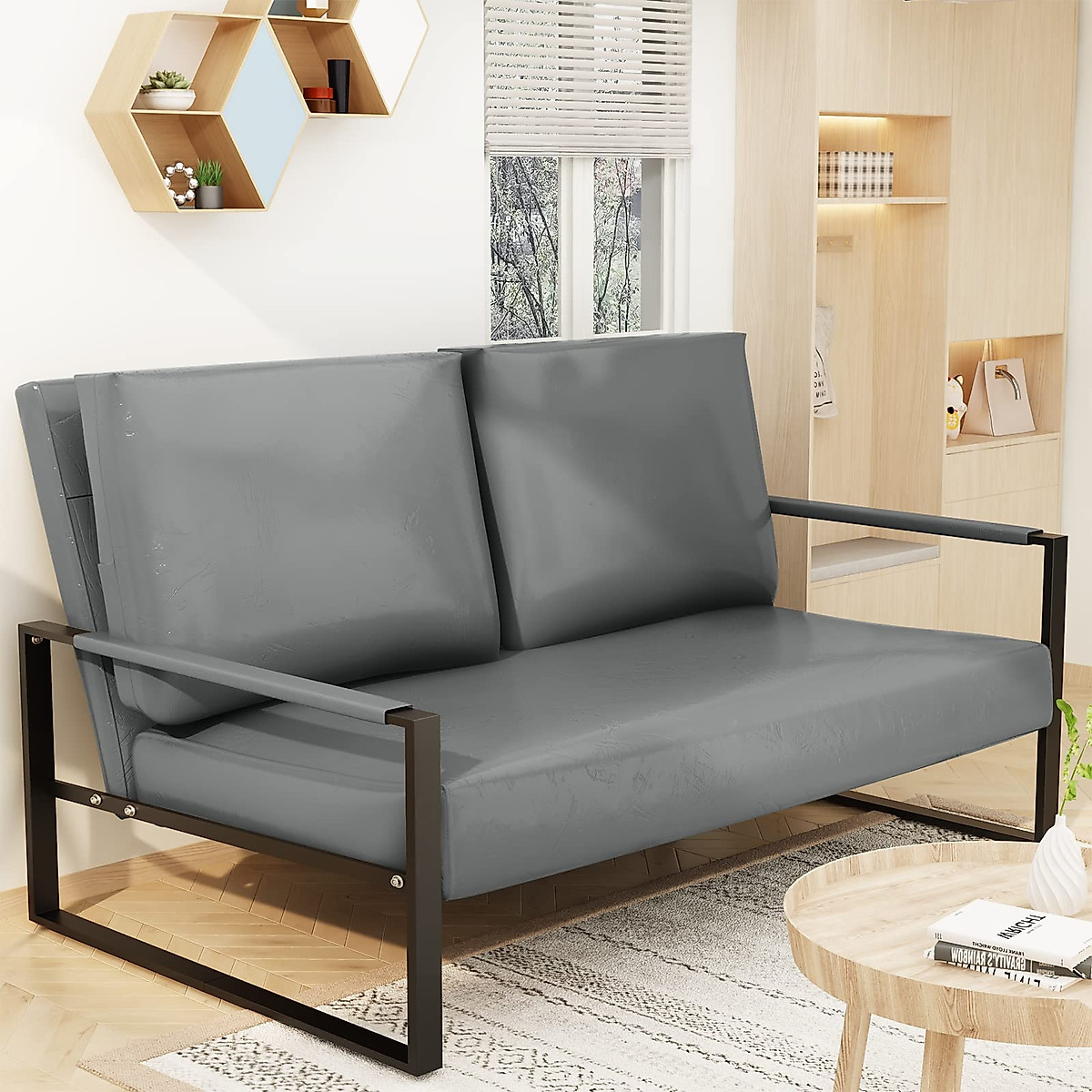 DKLGG Mid-Century Loveseats Sofa Couch, Faux Solid Leather Loveseat Sofa, Upholstered Faux Leather Couch 2-Seat Metal Armchair, Lounge Accent Chair for Living Room, Small Space, Studio, Apartment