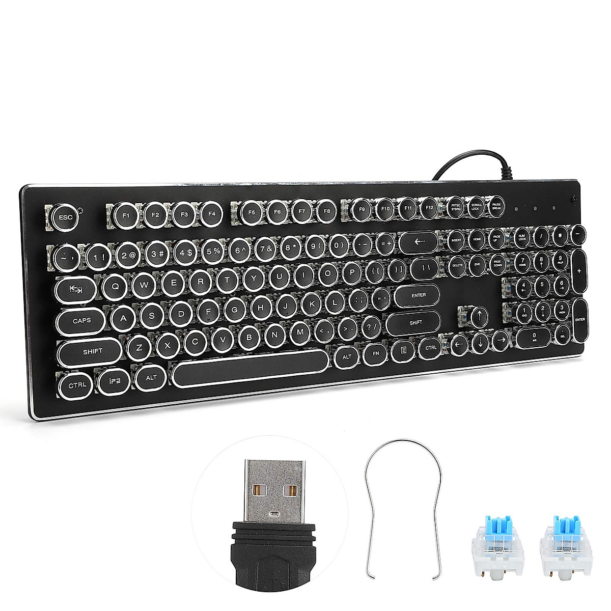 Junlucki Mechanical Gaming Keyboard, 104 Keys Retro Wired Ergonomic Round Key Keyboard Illuminated Click with Mixed Light Tenkeyless for DesktopLaptopComputers(Black)