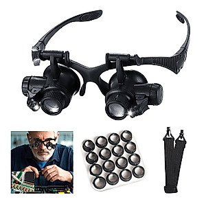 mlogiroa Head Mounted Magnifier with LED Light, Jewelers Loupe Magnifying Glasses with 8 Interchangeable Lens: 2.5X/4X/6X/8X/10X/15X/ 20X/25X for Close Work/Electronics/Eyelash/Crafts/Jewelry/Repair