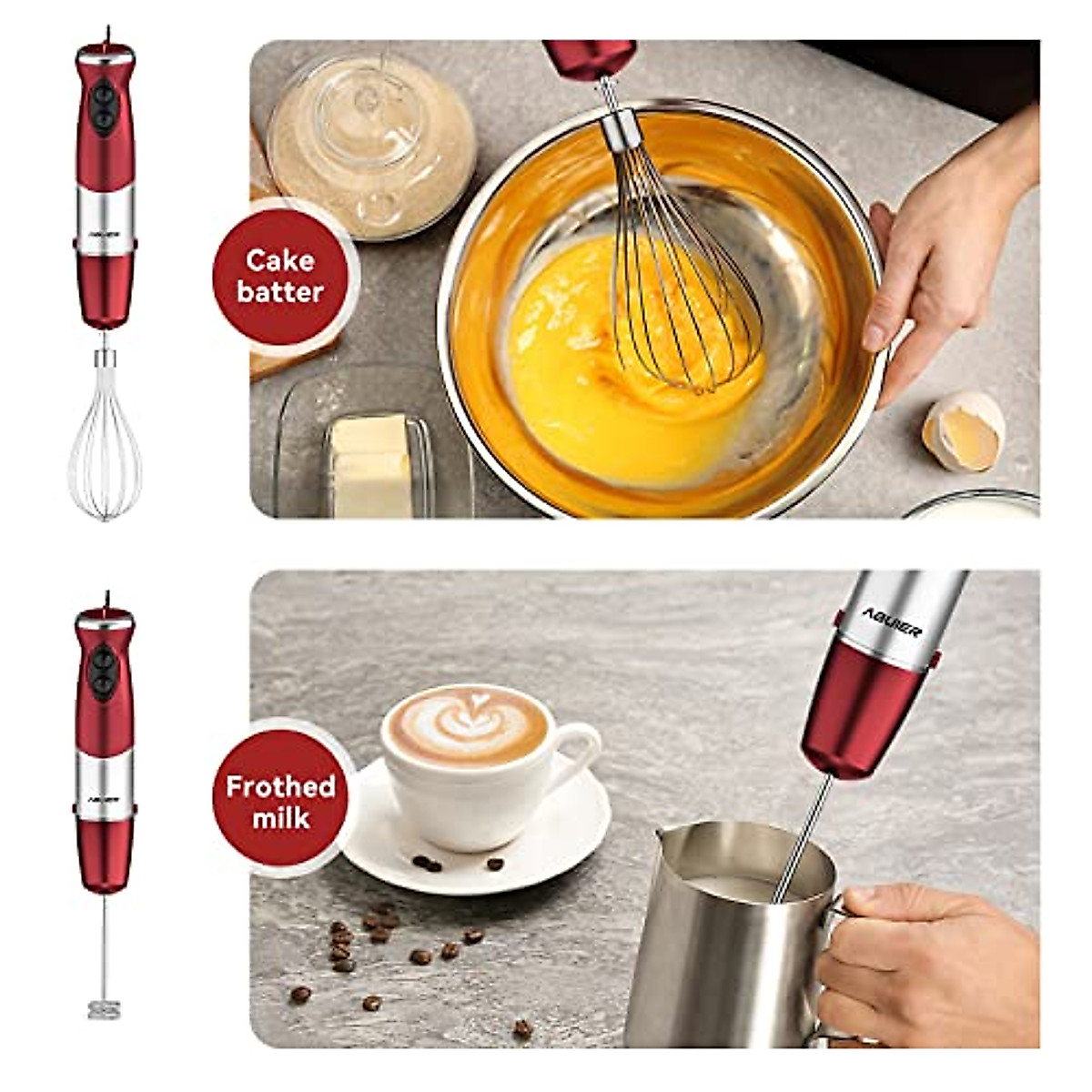 Immersion Blender Hand Blender, Abuler 800W Hand Mixer Stick, 5-in-1, 12 Speed BPA-Free Stick Blender 304 Stainless Steel, Chopper, Whisk, Milk Frother, Beaker, Smoothies, Milkshake, Purée Baby Food, Sauce, Dips, Mayo