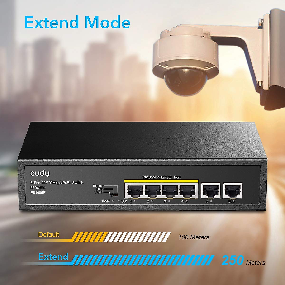 Cudy FS1006P 6-Port 10/100M PoE Switch 60W, 4 PoE Ports, CCTV Mode (Transmit Distance to 250m at 10Mbps), PD Detection,Fan-Less, Steel Case, Desktop and Wall-Mount, 802.3at / 802.3af