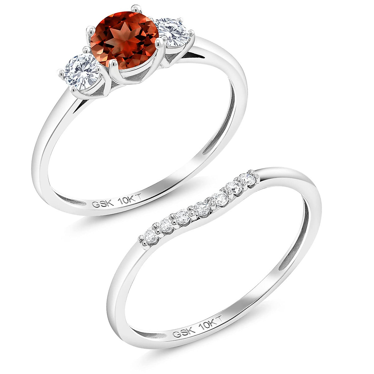 Gem Stone King 10K White Gold Red Garnet and White Lab Grown Diamond 3-Stone Bridal Engagement Wedding Ring Set For Women (1.24 Cttw, Gemstone January Birthstone, Round 5MM, Size 8)