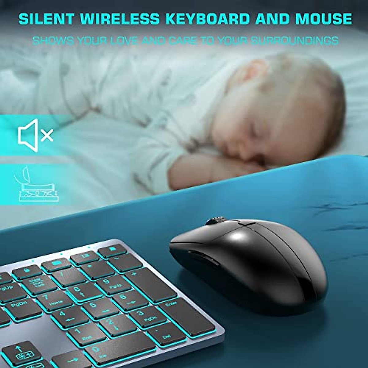 Wireless Keyboard and Mouse Combo Rechargeable, Full Size Wireless Keyboard with Backlit, 2.4G Silent USB Wireless Keyboard Mouse Combo [with USB C Adapter] for Windows, Mac OS Desktop/Laptop/PC