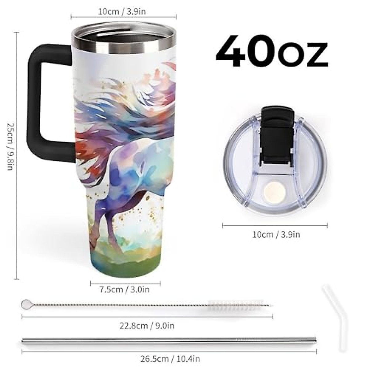 Running Horse Watercolor 40 Oz Stainless Steel Cup Travel Tumbler with Handle and Straw Lightweight Coffee Mug for Home Office