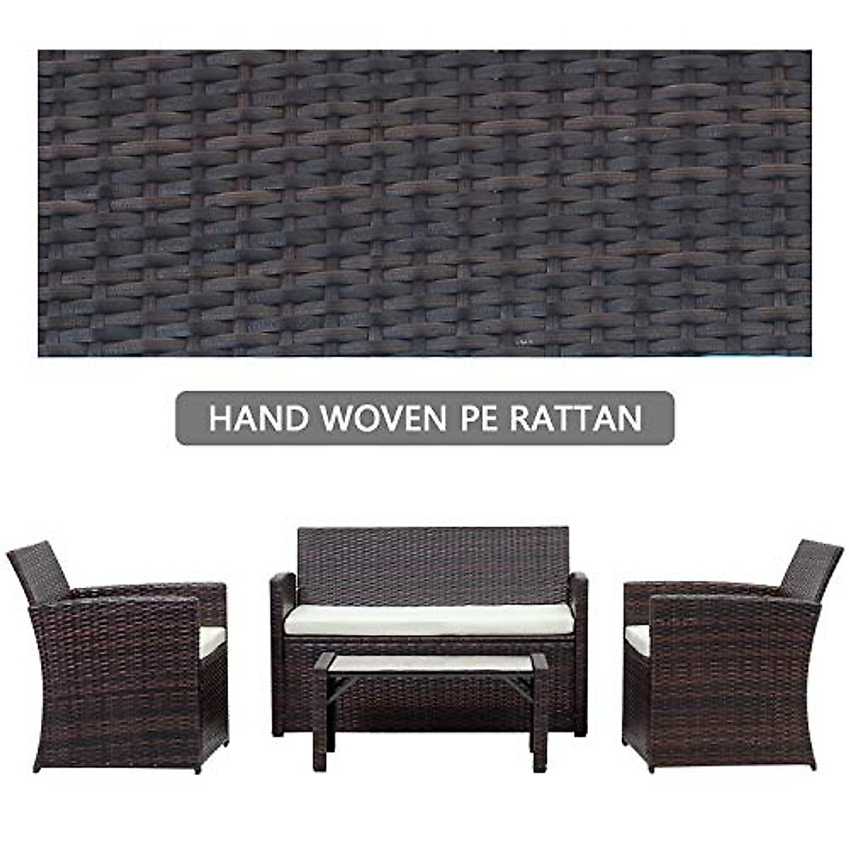 4 Pieces Outdoor Patio Furniture Set Brown Wicker Rattan Cousioned Sectional Conversation Sofa with Coffee Tea Table for Backyard Porch Garden Poolside Balcony Beige