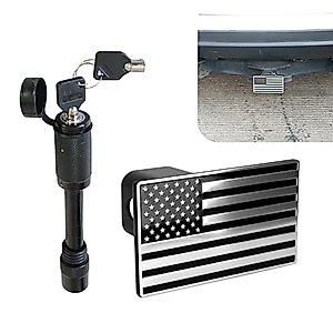 ZBGUN 2 PCS American Flag Car Tow Hook Dust Plug, 2In Heavy Metal Anti-theft Trailer Hitch Lock with 2 Keys, Universal Durable Square Truck Trailer Receiver Protective Accessories for Car SUV (Silver)
