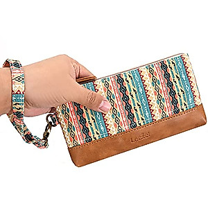 Lecxci Canvas Wristlets Bag Clutch Purses Wallet Slim Credit Card Holder Clutch with Removable Strap Cell Phone Wallet (Ethnic Style-3)