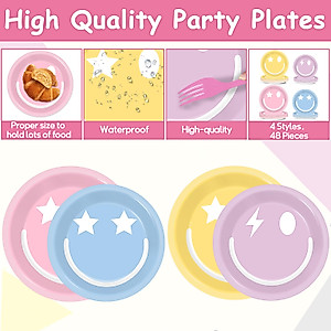 Justforjoyful 96Pcs Pastel Smile Face Party Decorations Paper Plates Napkin Preppy Smile Face Party Tableware Set Smile Face Dinnerware Supplies for Birthday Bachelorette Baby Shower Decor Serve 24