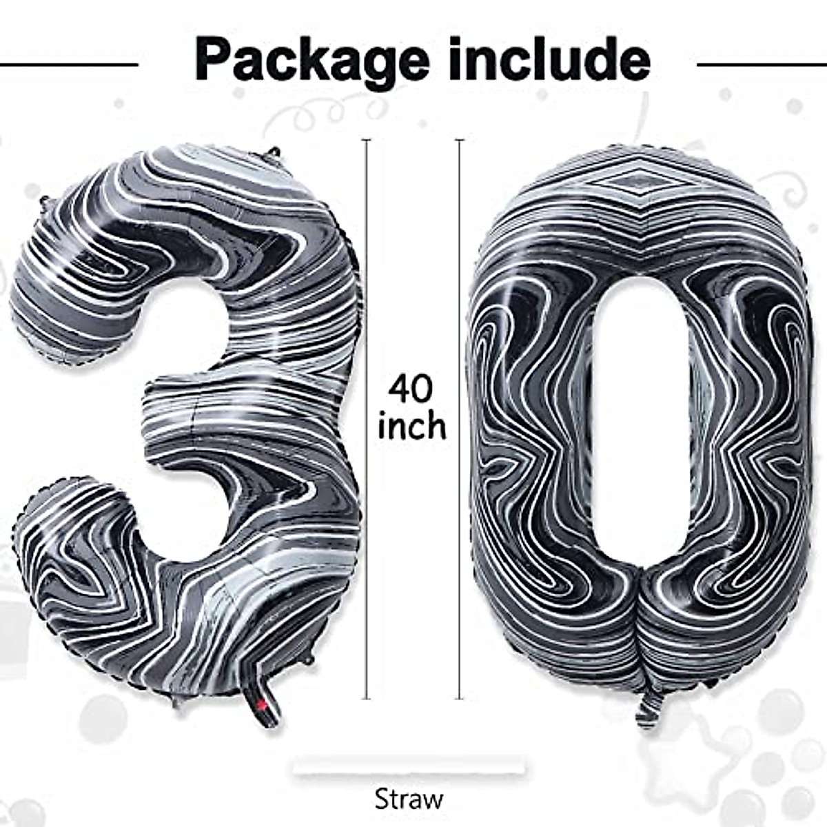 30 Balloon Number, 40 Inch Black Marble Foil Balloons Giant Jumbo Helium Number 30 Balloons for 30th Birthday Decorations Anniversary Events Boys Girls Party Decorations(Black Marble Agate)