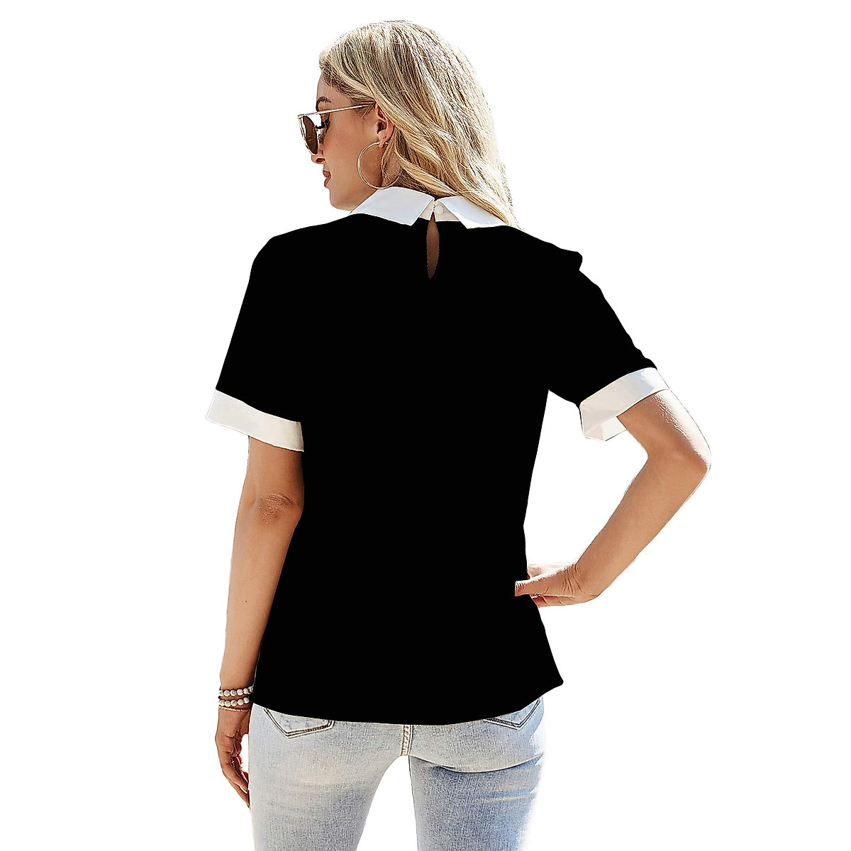 Verdusa Women's Colorblock Contrast Polo Collar Short Sleeve Blouse Shirt Top Black and White M