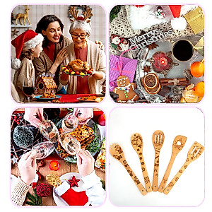 Bamboo Cooking Utensils Christmas Set of 5, Halloween Bamboo Spoons & Forks, Christmas Burned Bamboo Spoons and Forks, Christmas Bamboo Utensil Set Burned (Pattern B)